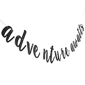 Black Glitter Adventure Awaits Banner - Graduation / Retirement / Bon Voyage / Baby Shower / Moving Party / Travel Theme Party Decorations