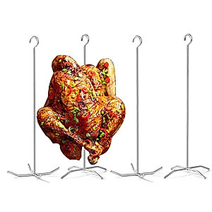 Reyhoar Super Skewers, Poultry Hanger, Turkey Holder, Pit Barrel Bronco Cooker Accessories, Vertical Grill Rack for Smoking Whole Chicken/Turkey, 4-Set with 4 skewers 4 Bases, Silver