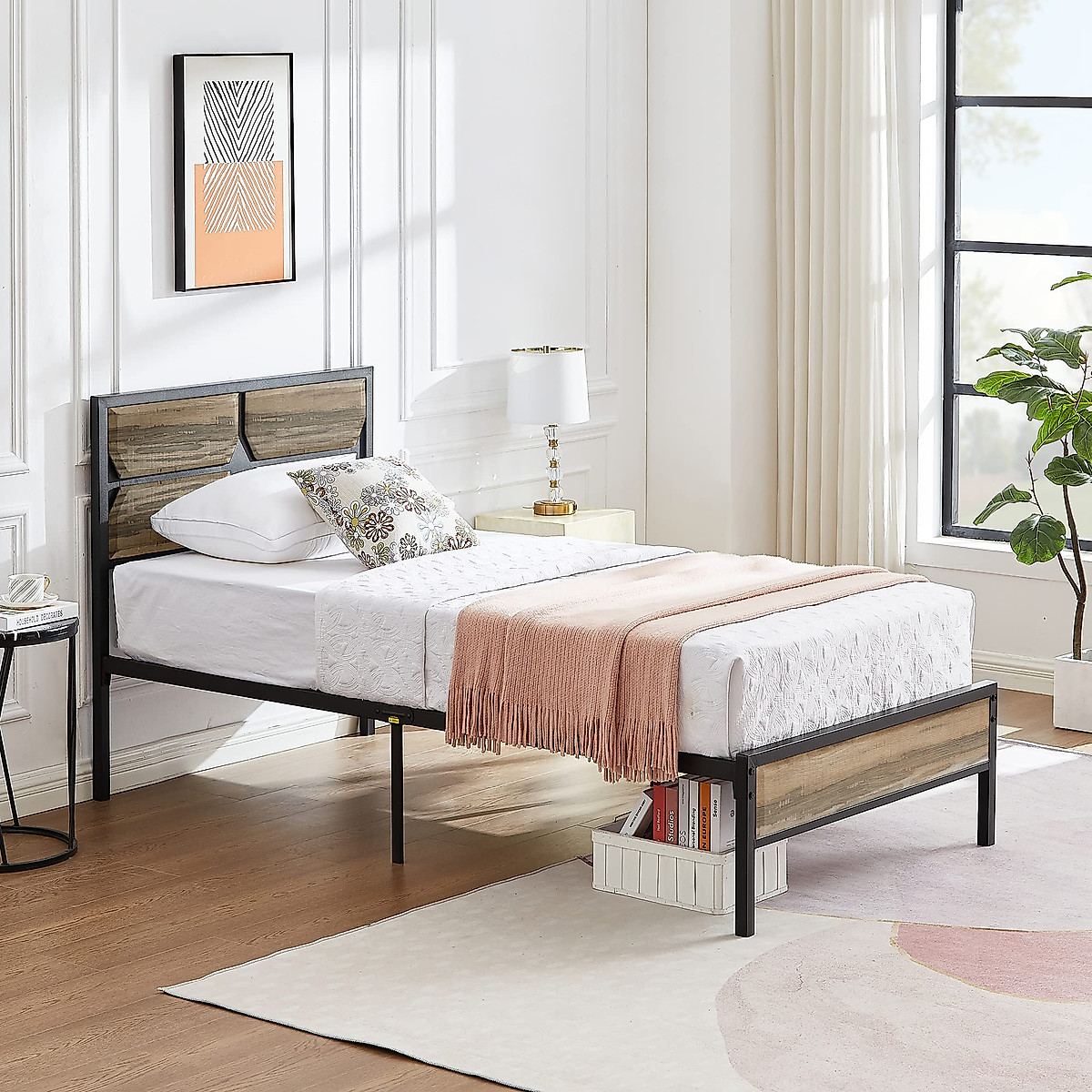 VECELO Twin Bed Frame Metal Platform with Wooden Headboard & Footboard Mattress Foundation Strong Metal Slats Support No Box Spring Replacement/Easy Assemble
