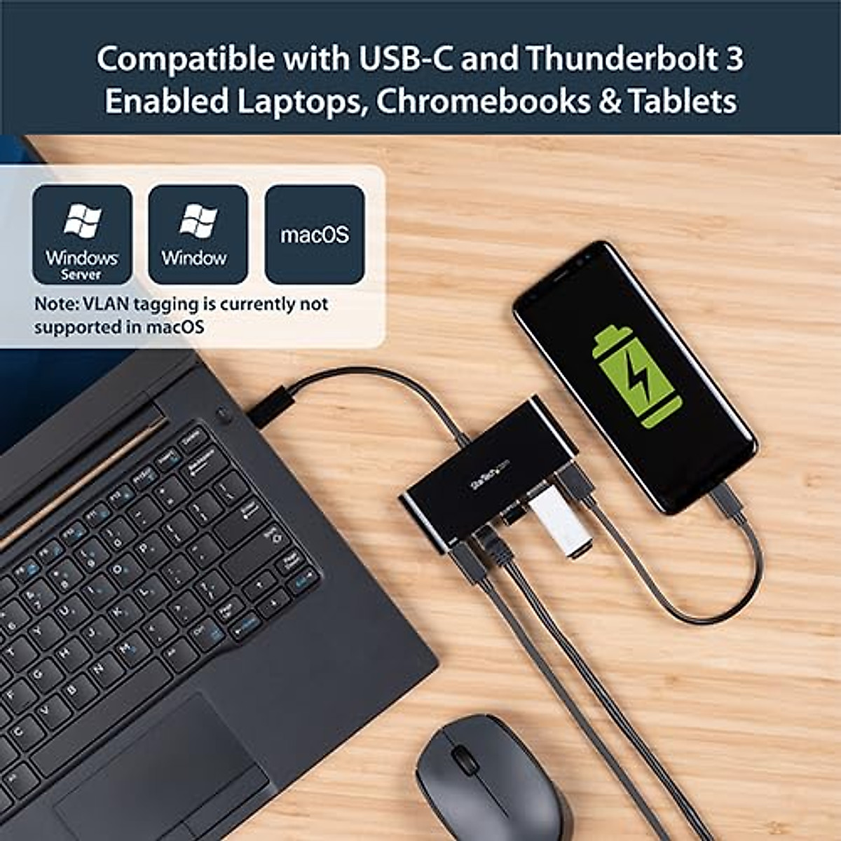 StarTech.com USB C to Ethernet Adapter - 3 Port - with Power Delivery (USB PD) - Power Pass Through Charging - USB C Adapter (US1GC303APD) Black