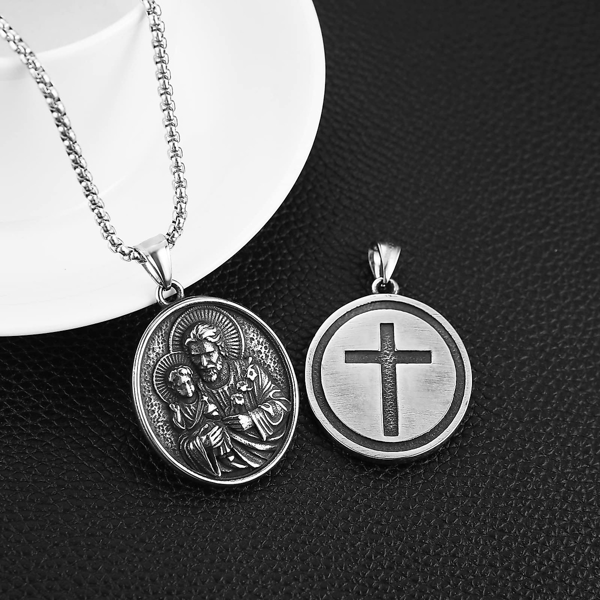 HZMAN Double Sided Stainless Steel St Joseph Necklace for Men Women Religious Saint Joseph Cross Christian Medal Amulet Pendant Jewelry Gift