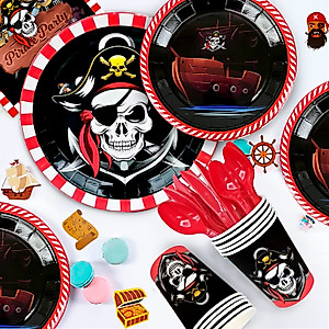 Pirate Birthday Party Supplies,161pcs Pirate Party Decorations&Tableware Set-Pirate Haging Swirln&Pirate Plates Cups Napkins Tablecloth Banner Balloons etc Pirate Birthday Party Decorations for Boys