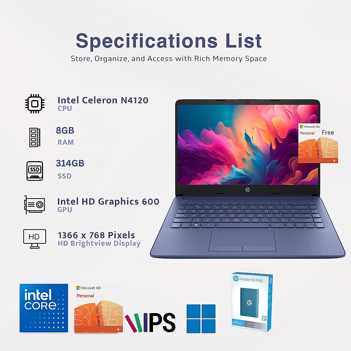 HP Stream 14" HD Ultral Light Laptop, 8GB RAM, 314GB Storage (64GB eMMC+250GB Portable SSD), Intel Quad-Core Processor, HDMI, Upto 11 hrs Long Battery Life, Office 365 1-Year, Win 11 S, Royal Blue