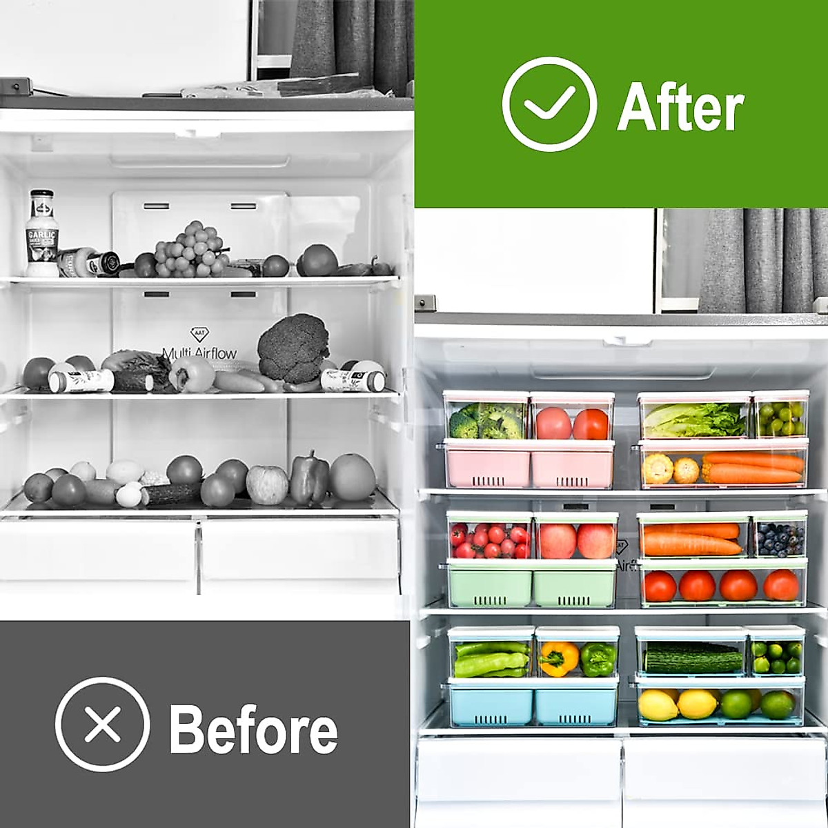 Lille Home Stackable Produce Saver, Organizer Bins/Storage Containers with Removable Drain Tray, Set of Six, for Refrigerators, Cabinets, Countertops and Pantry, BPA Free (Blue,Set of Six)