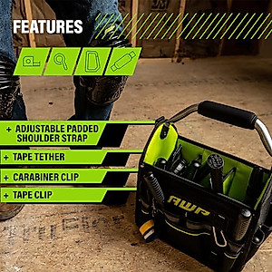 AWP 12 Inch Pro Tool Tote with Rotating Handle for Easy Tool Access, Water-Resistant Construction, Black/Green