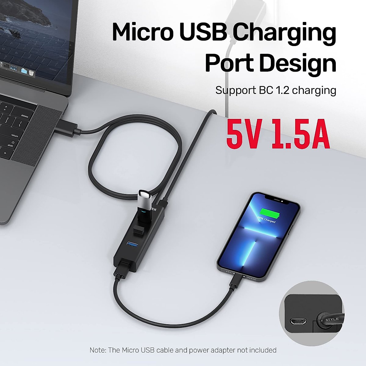 Unitek 4-Port USB 3.0 Hub, 4 Ft Long Cable USB Extension Multiple Port Splitter with Micro USB Charging Port Compatible for Windows PC, Laptop,Flash Drive,Wireless Mouse Keyboard 1.2 M - Black