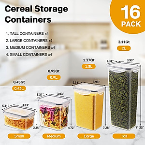 YASHE Airtight Pantry Storage Containers Set of 16, BPA Free Plastic Food Storage for Cereal, Pasta and Snacks, Stackable Kitchen Organizer with Labels, Marker & Measuring Cups