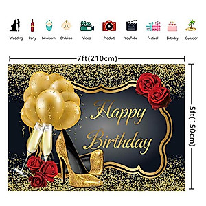 GYA 7x5ft Glitter Gold Happy Birthday Backdrop Red Rose Floral Golden Balloons Heels Champagne Glass Background for Women Birthday Party Decorations Birthday Party Supplies
