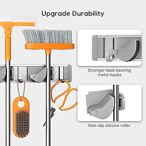 Unjumbly Broom Holder Wall Mount, Drilling Free Mop and Broom Holder with 2 Over Door Hooks, Tool Organizer for Laundry Room, Garage, Kitchen, Closet, Bathroom, Pantry, Mid Grey (4 Racks and 4 Hooks)