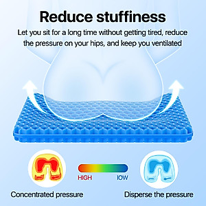 Gel Seat Cushion, Cooling seat Cushion Thick Big Breathable Honeycomb Design Absorbs Pressure Points Seat Cushion with Non-Slip Cover Gel Cushion for Office Chair Home Car seat Cushion for Wheelchair