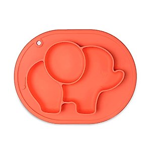 TRUMPETIC Elephant Silicone Suction Plate With Hanging Hole, Divided Toddler Plates, Skidproof & Unbreakable, BPA Free, Dishwasher Microwave Safe (Orange)