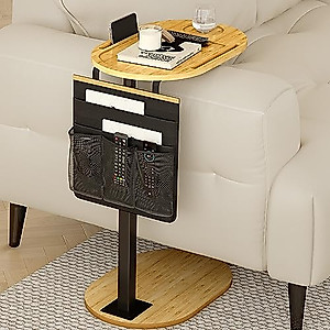 Yumkfoi Couch Side Table with Adjustable Heights, Bamboo Sofa Tray Table with Storage Pocket, Liftable Couch Arm Tray Table C Table End Table TV Tray Snack Table for Living Room, Bedroom