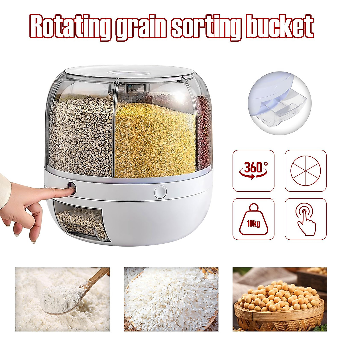 KONKENIE 6 Grids Rotatable Grain Storage Tank with Lid 10kg Rice Cereal Bean Flour Plastic Container 360° Rotating Round Dry Food Dispenser for Home Kitchen Pantry Store White&Clear (9.5x10.6x10.6in)