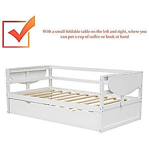 Polibi Twin Size Daybed with Trundle and Foldable Shelves on Both Sides, Wooden Sofa Bed with Wood Frame and Slats, No Spring Box Needed