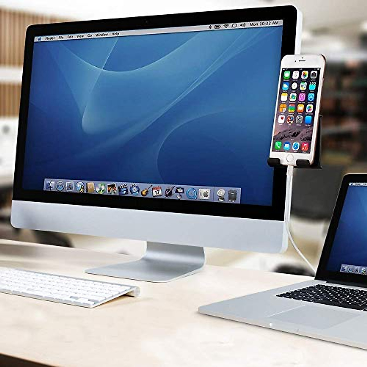 Mobile Phone Holder, That Clip on Monitor for Laptop or Desktop Within 25mm Thickness, Cell Phone Stand Smart Phone Dock Mobile mounts Phone Clip for Universal Computer Display, Cell Phone Mount