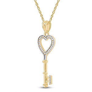 Jewel Zone US White Natural Diamond Accent Heart Key Pendant Necklace in 14K Solid Yellow Gold