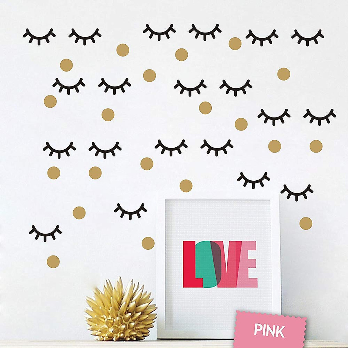 JUEKUI Wall Decor Sticker 96pcs Lovely Sleepy Eye Eyelashes with 100pcs Pink Dots Vinyl Deccal for Kids Bedroom Makeup Art WS22 (Black+Gold)