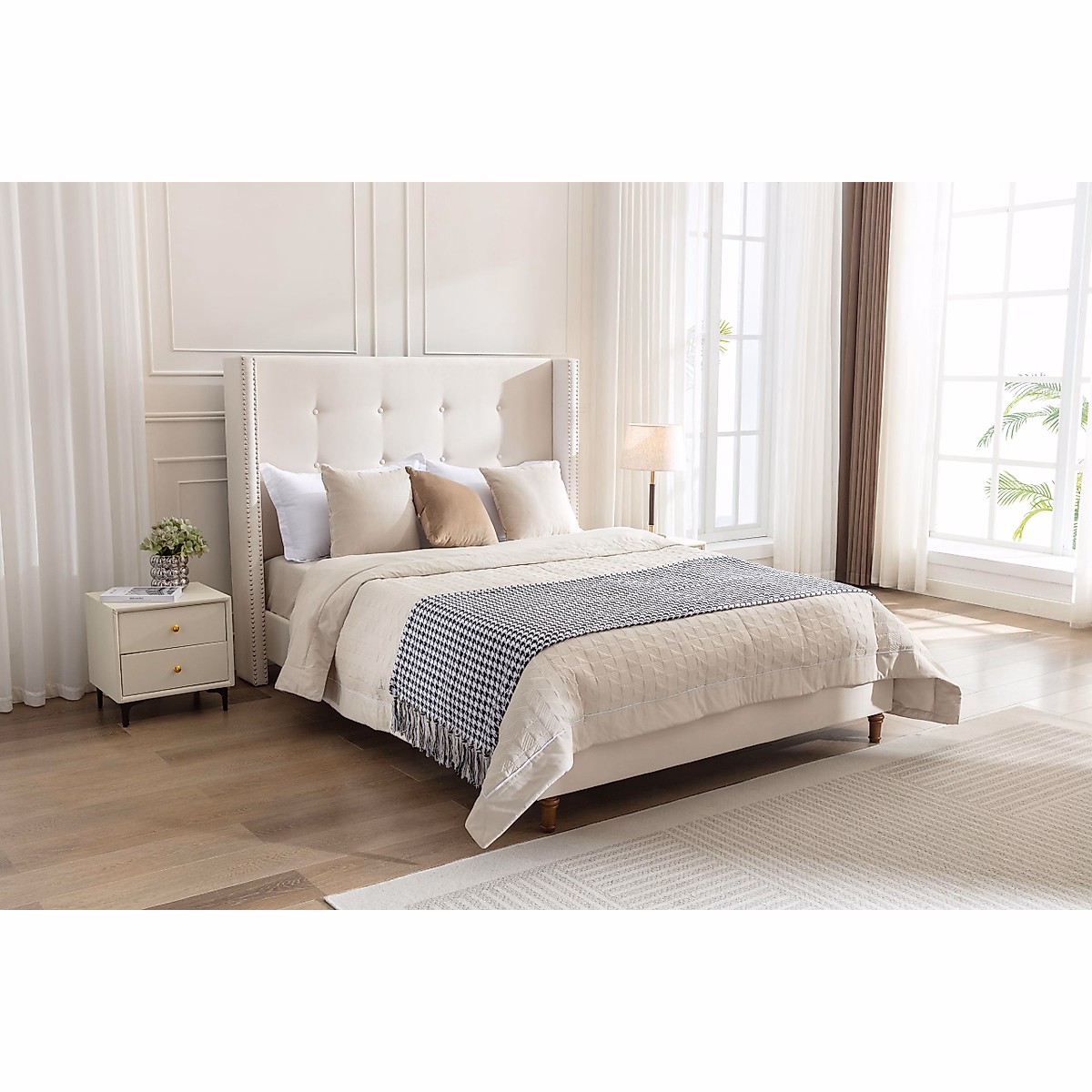 ACQCA Queen Velvet Bed Frame,Upholstered Platform Bed with Button Tufted Headboard and Nailhead Trim Wingback, Wood Slats Support, No Box Spring Needed, Easy Assembly,Ivory