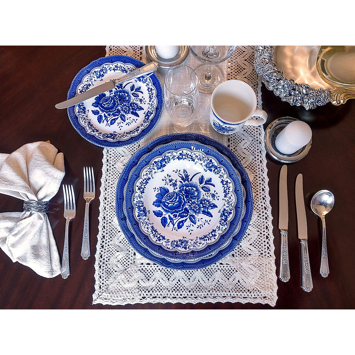 TUDOR ROYAL 24-Piece Porcelain Round Dinnerware Set, Service for 6, VICTORIA BLUE Design, Blue Floral, Plates Bowls Mugs Dishes, Premium Quality Ceramic Tableware, Unique Pattern, Glossy