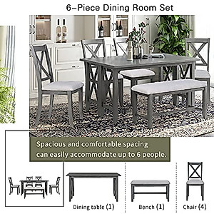 6 Pieces Dining Table Set, Wood Rectangle Table and 4 Chairs with Bench with Cushion, Kitchen Table Chairs Set for 6 Persons (Gray)
