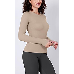 ODODOS 2-Pack Seamless Long Sleeve Tops with Thumb Hole for Women Crew Neck Ribbed Tee Workout Yoga Shirts, Black+Dark Grey, Small