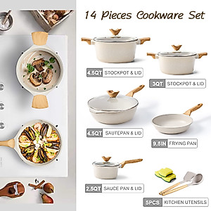 Caannasweis Nonstick Pots and Pans Set, Beige Granite Induction Kitchen Cookware Sets, 14 Pieces Non Stick Cooking Set, Large Capacity Saute Pan, PFOA Free