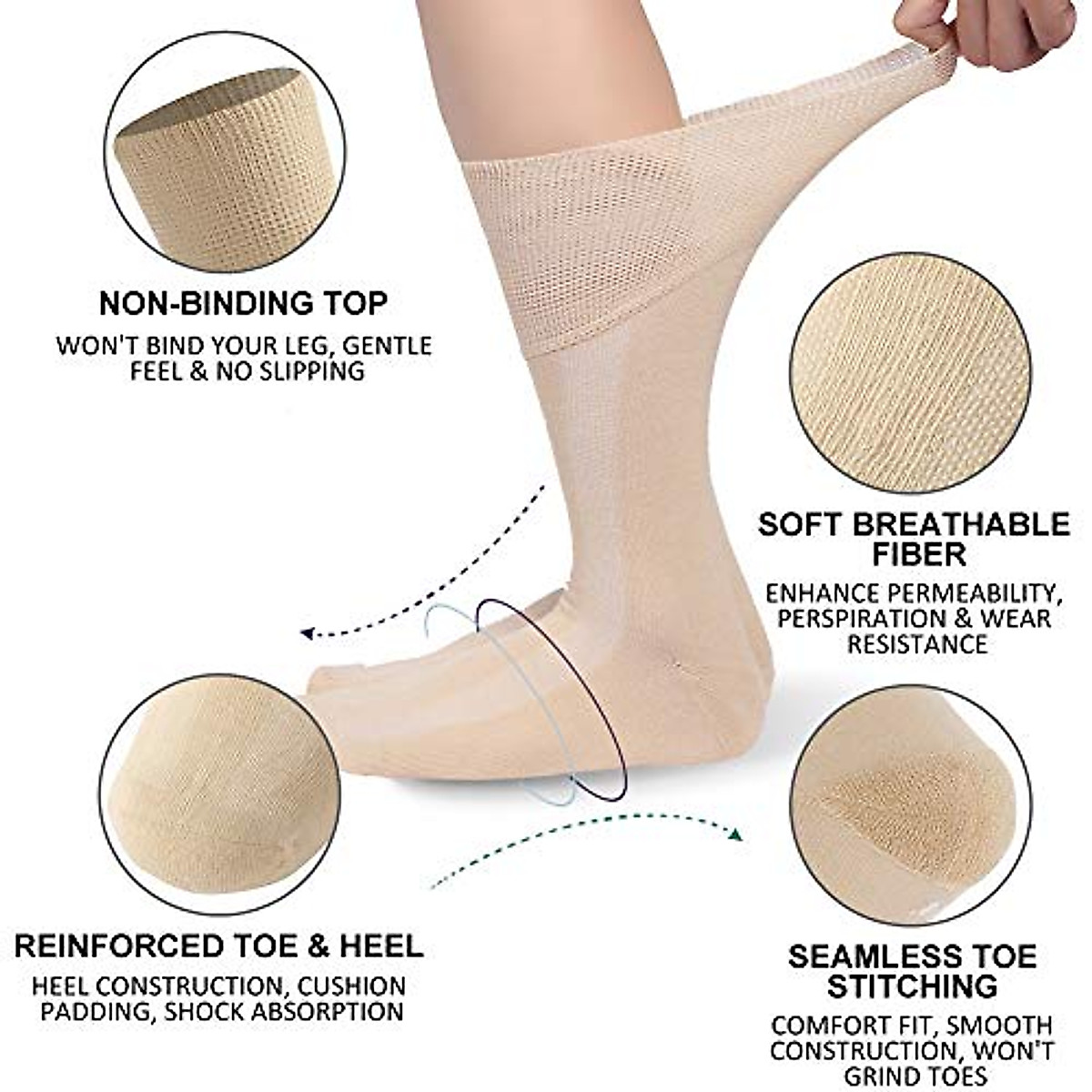KitNSox Diabetic Socks Extra Wide Calf Women Men Elderly Soft Stretchy Breathable Crew Cushion Loose Top Dress No-Binding Socks 6 Pairs Beige L