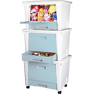 loobuu 3 Pack Plastic Toy Storage Organizer Box with Side Lids,40QT Toys Storage Chest Bin with Drawer, Large Stackable Storage Container Bin for Kids, Boys, Girls, Nursery, Playroom