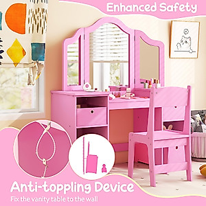 Costzon Kids Vanity, 2 in 1 Princess Makeup Desk & Chair Set with Tri-Folding Mirror, 4 Storage Bins, Wooden Toddler Vanity Dressing Table, Pretend Play Vanity Set for Little Girls (Pink)