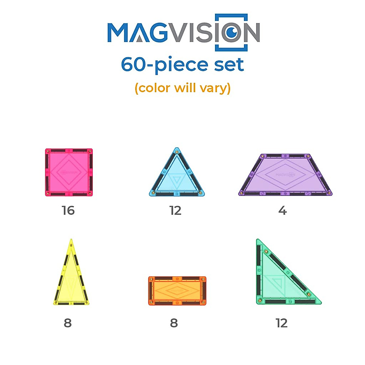 MagVision 60-Piece Magnetic Building Tiles Set, Stem Magnetic Building Blocks, Extra Strong and Safe Magnets, Stem Toys, Magnetic Blocks, Educational Toys for Children Ages 3+ Years