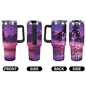 STVNKML 40 Oz Tumbler with Handle Palm Tree Purple Sunset Stainless Steel Coffee Mug Reusable Travel Mug Leak-proof Insulated Car Cup Large Capacity Tumbler for Travel, Outdoor, Home Use (Black)
