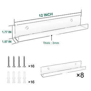 QPEY Vinyl Record Shelf Wall Mount, 8 Pcs 12 inch Acrylic Album Record Holder Nursery Book Shelves for Wall Acrylic Vinyl Wall Mount Vinyl Record Storage (8 pcs 12 inch)