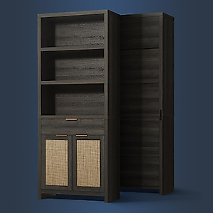 OAKHAM HOME Hampstead Bookcase, Rattan Bookcase with Doors Cabinet and Drawer, 5-Tier Bookshelf, Large Wooden Book Case, Tall Bookshelves for Library Living Room (Midnight Oak, 1 Piece)