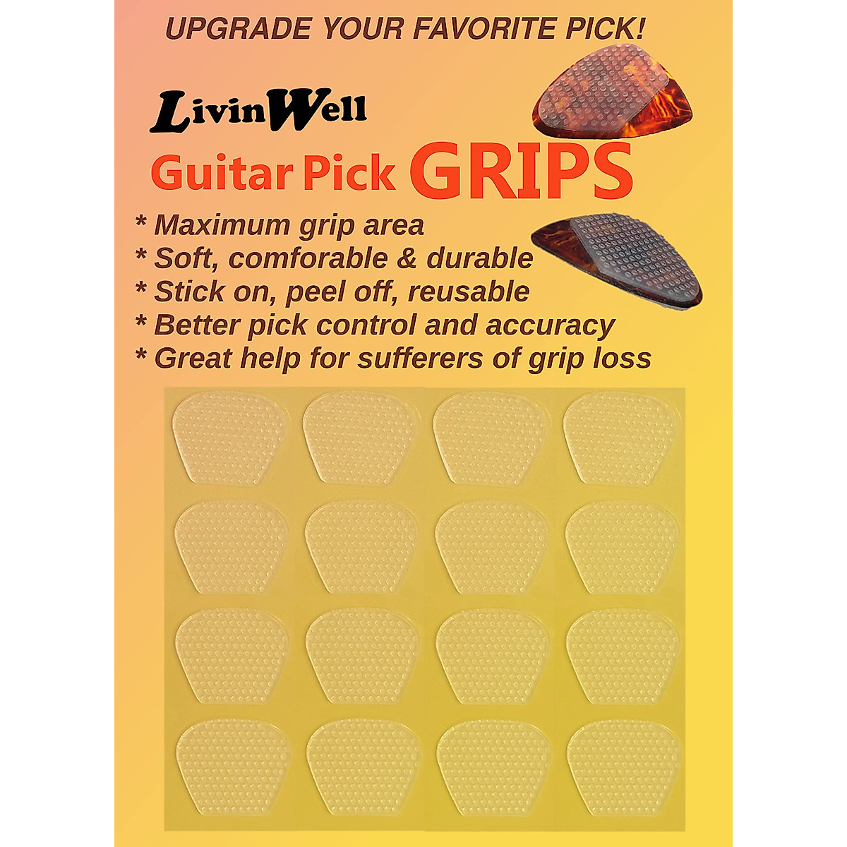 LivinWell Guitar Pick Grips (16 pcs) Soft Grippy non-Sticky Reusable Trimmable Silicone Rubber (ORIGINAL thicker 0.8 mm)