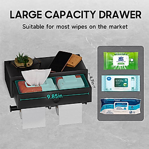 Double Toilet Paper Holder with Shelf,Wall Mount/Adhesive Matte Black Toilet Paper Holder,Wipes Dispenser for Bathroom,Wood Toilet Roll Holder with Storage Drawer