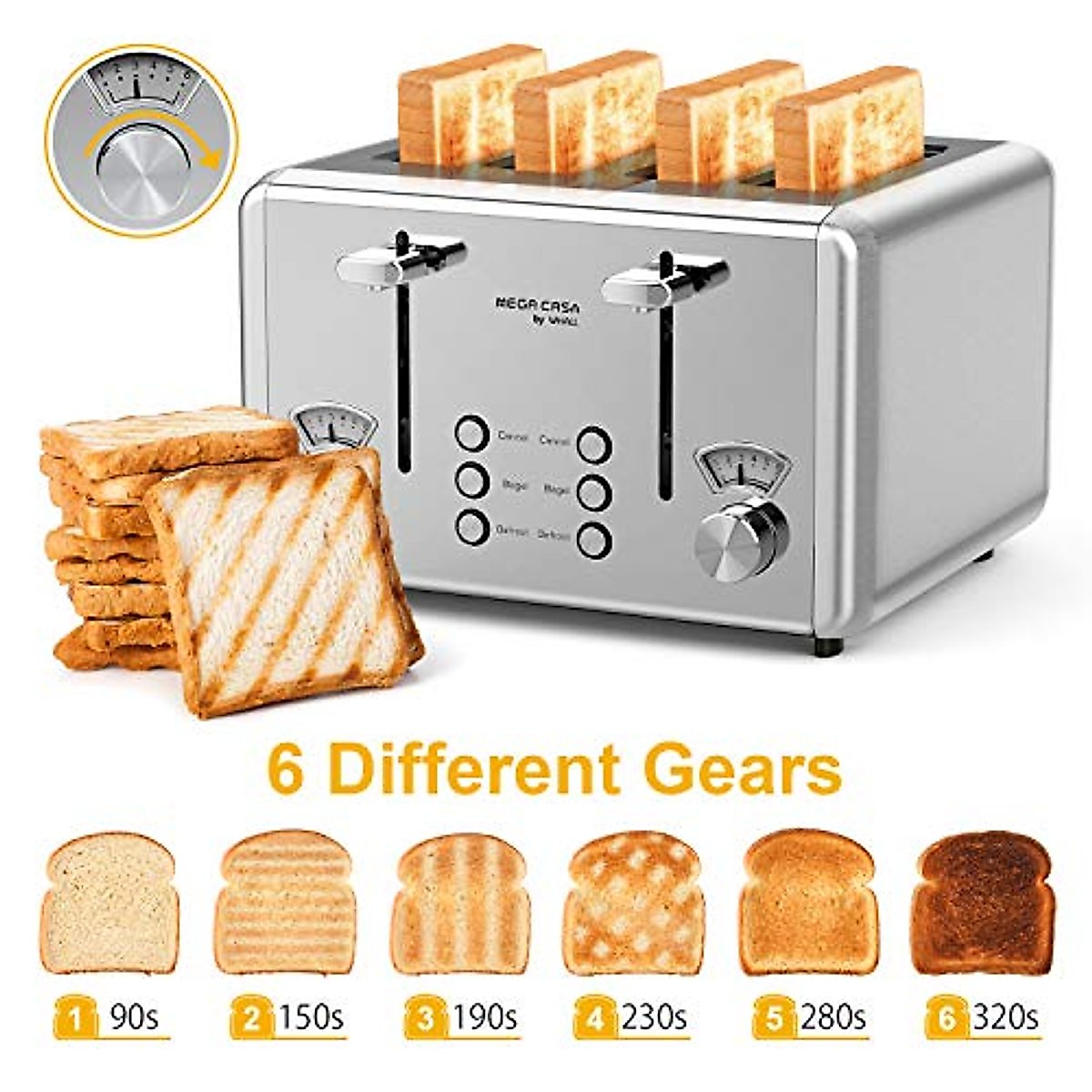Toaster 4 slice,whall Stainless Steel Toaster 6 Bread Shade Settings,Bagel/Defrost/Cancel Function with Dual Control Panels,Removable Crumb Tray,Extra Wide Slots,for Various Bread Types 1500W