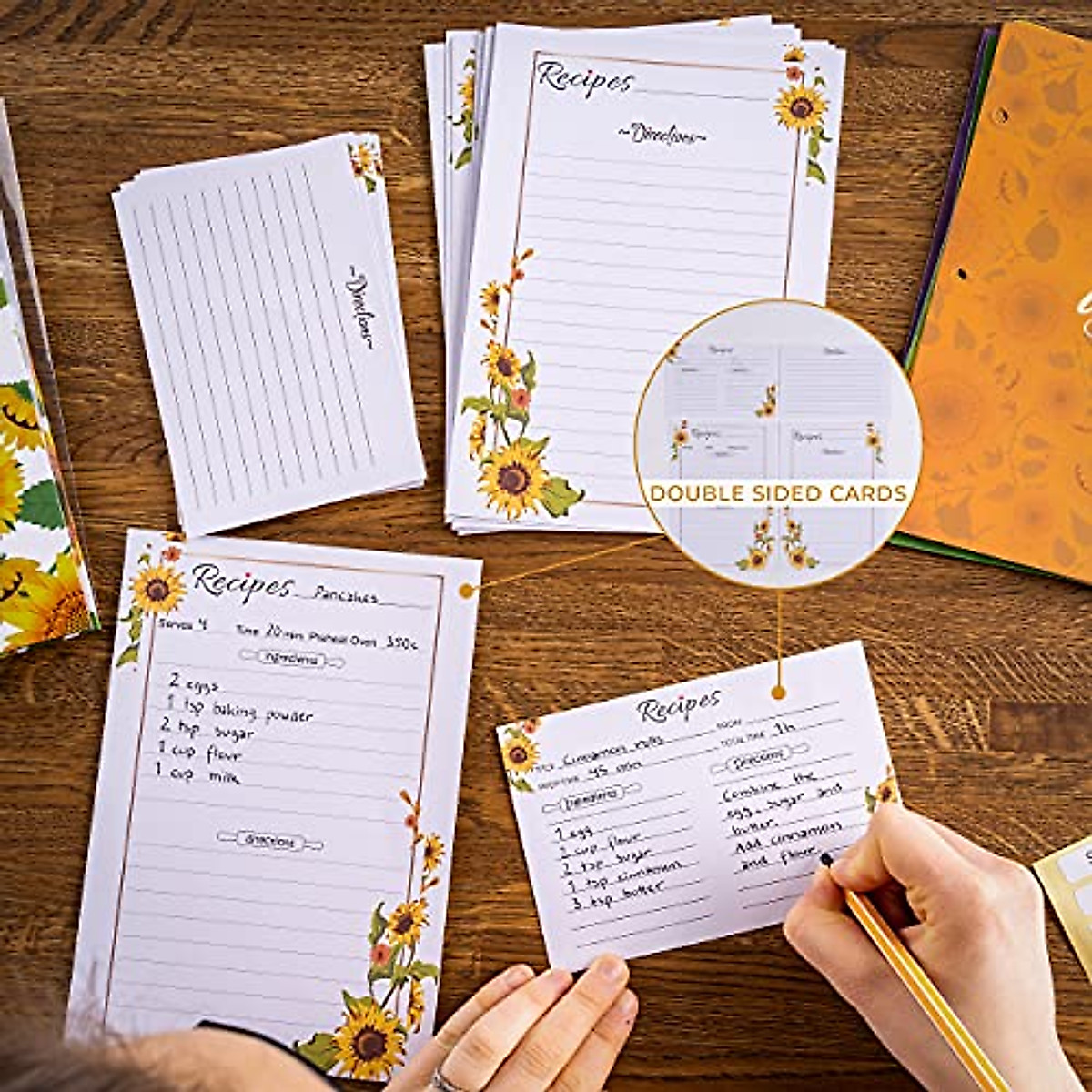 KitchenMania Sunflower Recipe Binder Kit, 8.5x9.5 Recipe Ring Binder 3 Ring Organizer Set with 50 Recipe Cards 4x6 Double Sided, 12 Category Dividers Tabs and Page Protectors