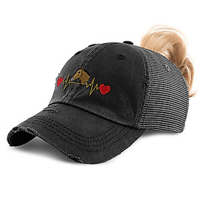 Womens Ponytail Cap Horse Lifeline D Embroidery Cotton Distressed Trucker Hats Strap Closure Black