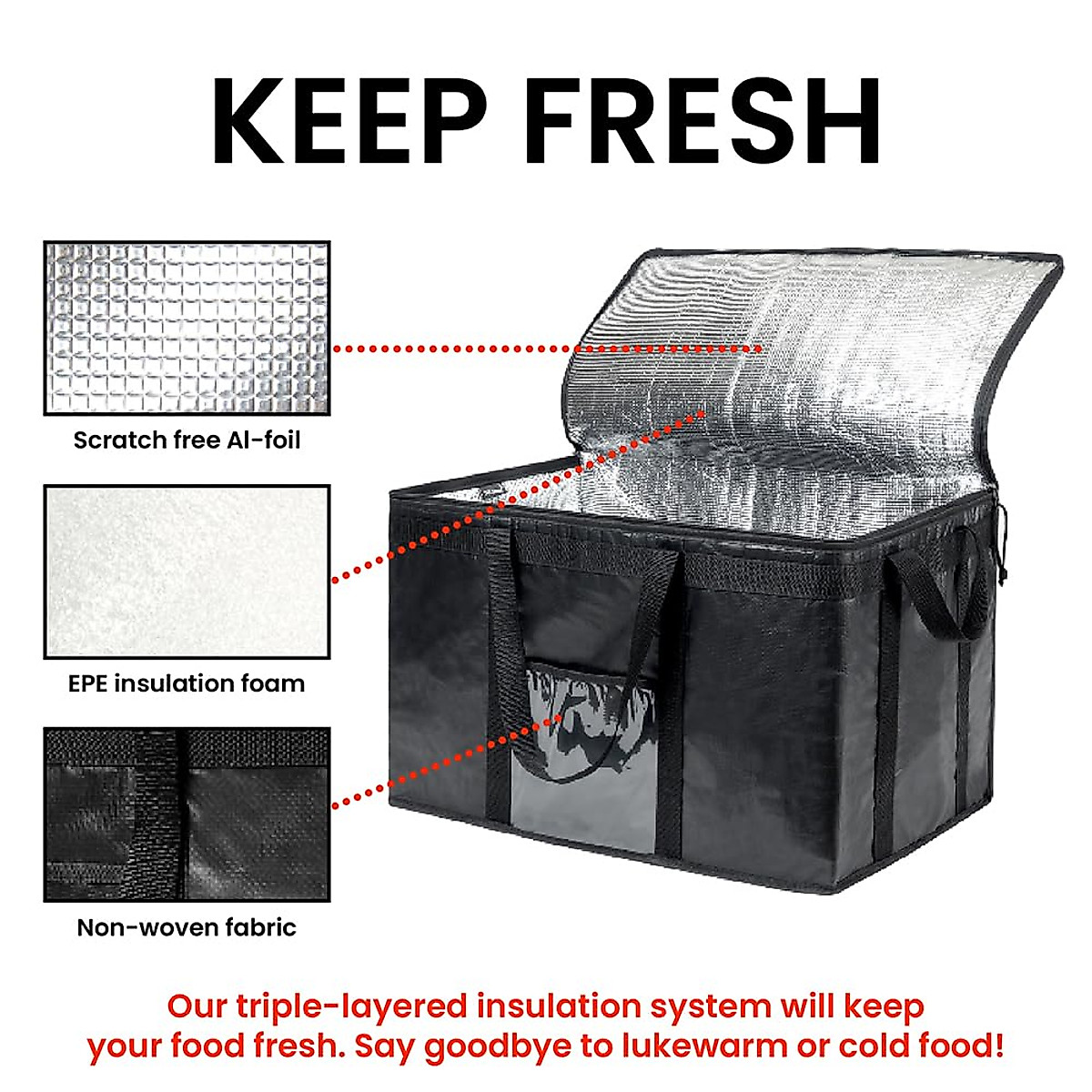 Durable 3XL PRO Insulated Cooler Bag and Food Warmer for Delivery & Grocery Shopping with Zippered Top, Black Commercial Grade (1 Pack)