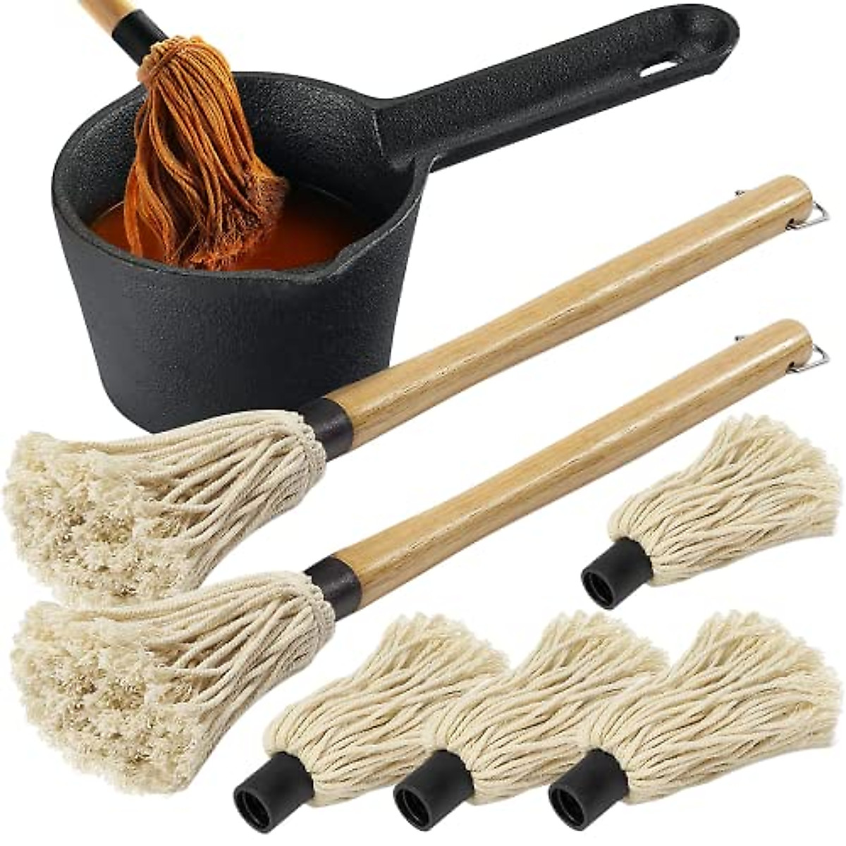 Cast Iron Sauce Pot and BBQ Mop Brush Set for Grilling, 7 Pcs Barbecue Accessories include 24 oz Heat Preservation Heavy Basting Melting Pot, 2Pcs Wooden Long Handle Sauce Mops and 4Pcs Replacements