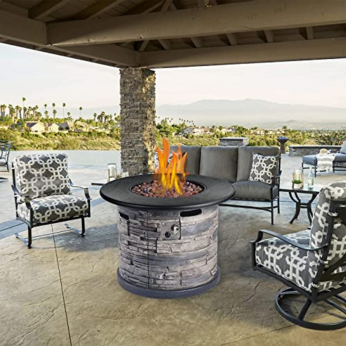 BAIDE HOME 32-Inch Ceramic Fire Table, 50,000 BTU Round Outdoor Propane Fire Pit, Concrete Faux Stacked Stone Base w/Metal Lid, Lava Rocks, Electric Ignition, Cover