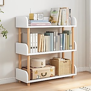 OSCHF 3-Tier Wooden Open Bookcase - Modern Display Bookshelf with Top Edge and Solid Wood Frame for Home and Office, Storage Cabinet, Warm White