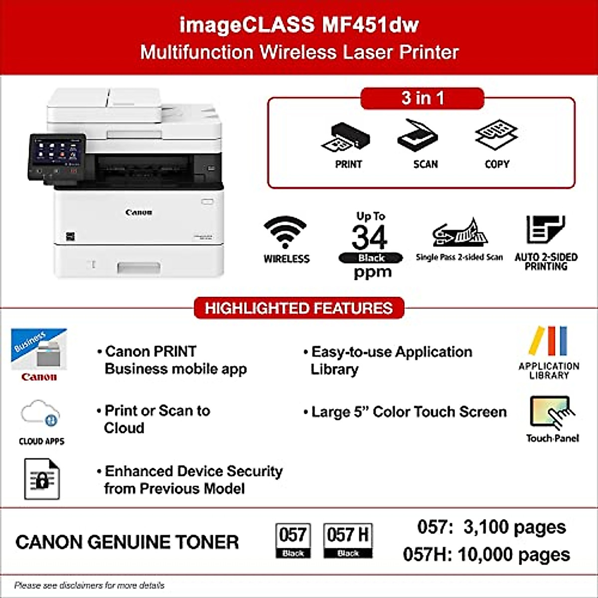 Canon imageCLASS MF451dw All-in-One Wireless Monochrome Laser Printer, Print Copy Scan, 5"inch Color Touch,USB 2.0,8.5" x 14",AirPrint,Durlyfish