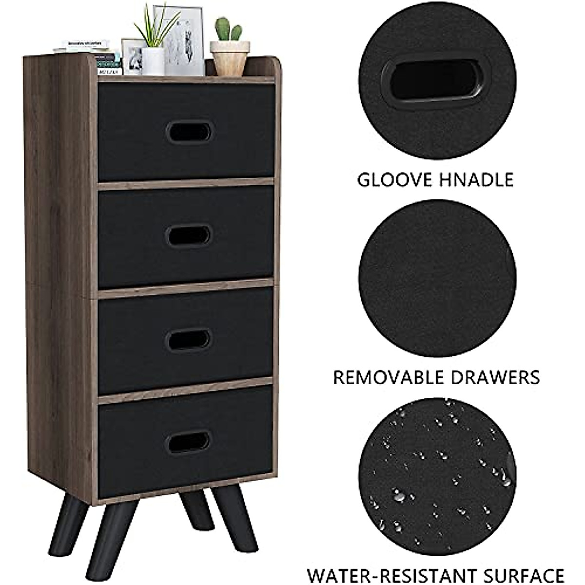 Lamerge 4 Drawers Organizer Cabinet , with Removable Fabric Drawers,Storage Tower ,Organizer Cabinet with Wood Frame,Ideal for Bedroom, Closet, Entryway, Hallway, Dark Brown and Grey, (SD4-01)