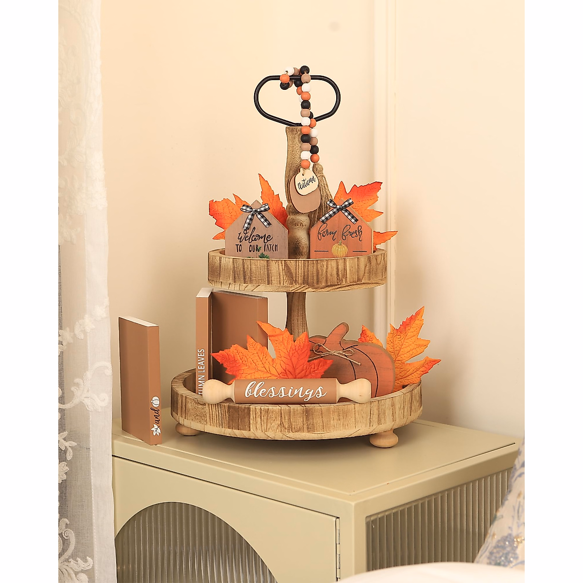 DN DECONATION 8 Pcs Fall Tiered Tray Decor Set,Fall Decorations for Home,Wooden Pumpkin Decoration, Thanksgiving Wooden Table Signs,Fall Book Stack Decor,Home, Table, Farmhouse, Gifts