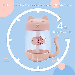 USB Cat Cool Mist Humidifier, 3 in 1 350ml Polyme Water Mist Mode & Auto Shut-Off, Vency Baby Humidifier with 6 Color LED Lights Changing, for Home Car Office, Air Humidifier with Small Fan(Pink)