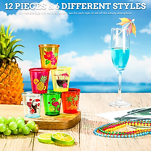 12 Pcs Hawaiian Luau Shot Glasses Bead Necklace Hawaiian Aloha Party Necklace Cups Flamingo Hibiscus Shot Glass Beaded Necklace Plastic Shot Glasses Necklace for Hawaiian, Summer Tiki Party Supplies