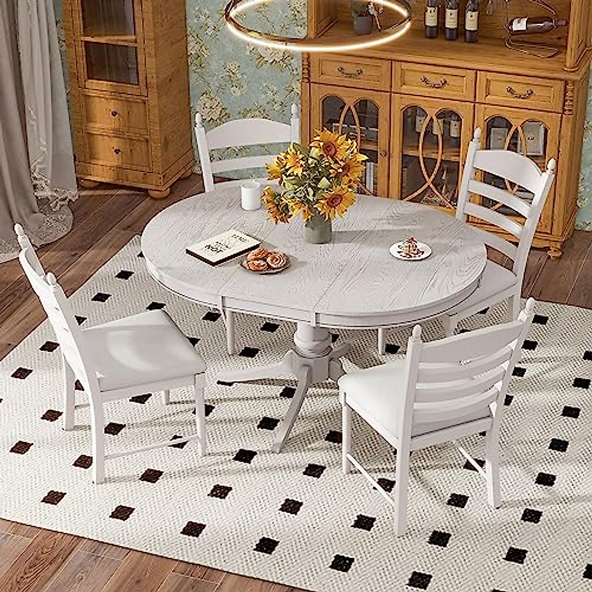KoiHome 5-Piece Retro Functional 42"-58" Wood Round Extendable 4 Upholstered Chairs, Set of 5, Family Dining Table Set for Restaurant, Kitchen (Antique White)