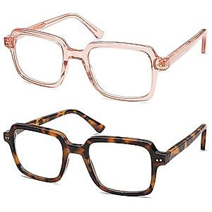 AMOMOMA 2Pack Retro Thin Square Reading Glasses for Women Men,Women's Blue Light Computer Reader AM6105 Crystal Brown+Tortoise 1.5