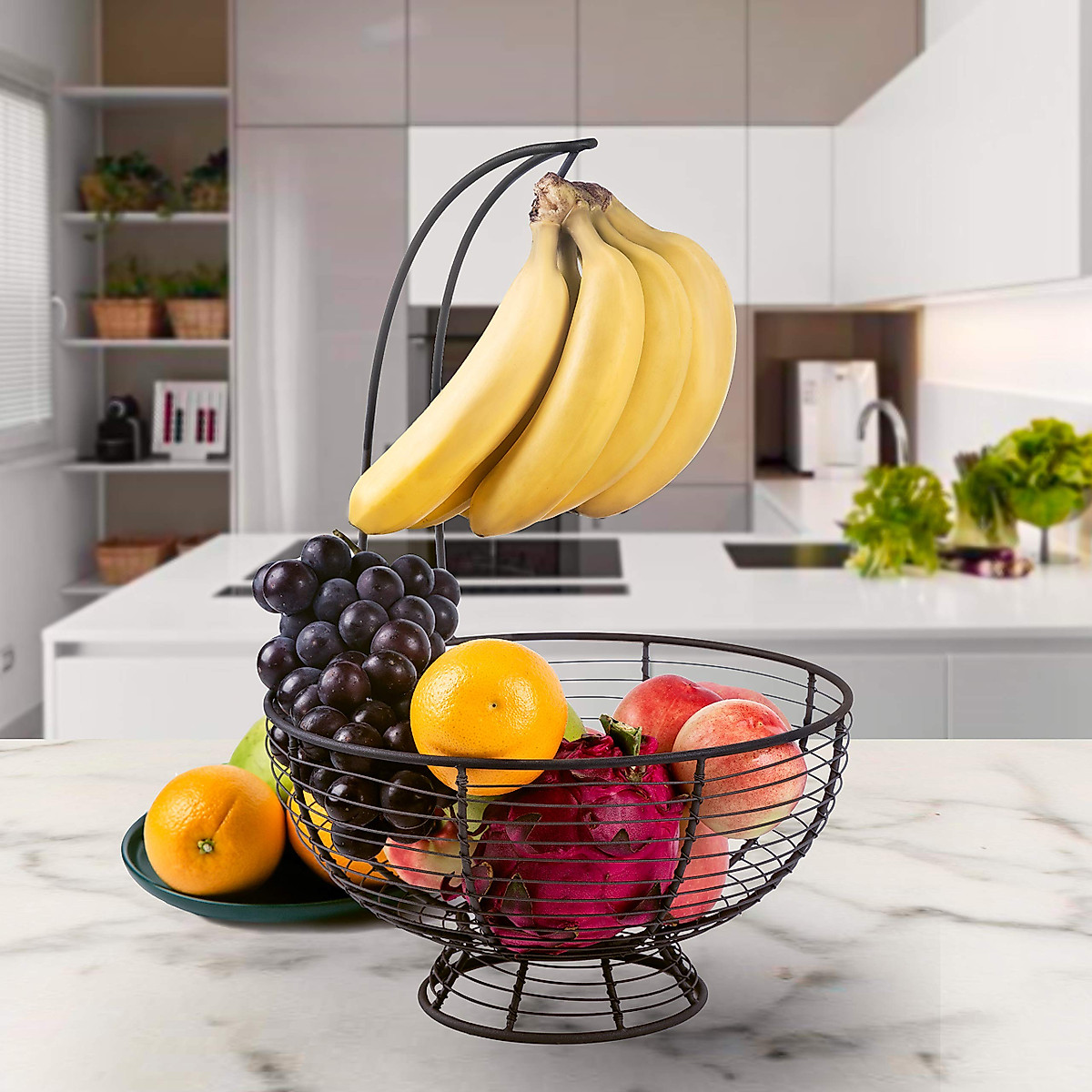 TIEYIPIN [ Extra Large Fruit Basket Bowl with Banana Hanger, Detachable Wire Banana Holder Hook Kitchen Storage Baskets Stand - Brown